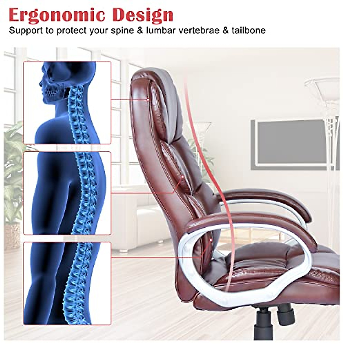 Ergonomic Office Chair Desk Chair 250 LBS Capacity High Back Adjustable Height Computer Chair w/Armrests Lumbar Support, PU Leather Rolling Swivel Task Chair Modern Executive Home Desk Chair(Brown)