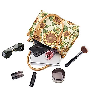 Small Tote Bags for Women Square Shape Handbags Double Top Handles Purses with Strawberry Print and Removable Shoulder Strap (Yellow Sunflower)