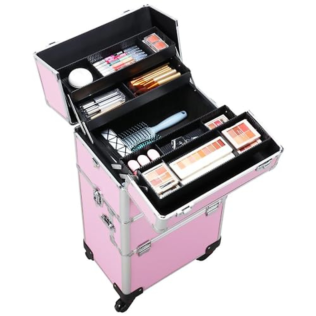 Topeakmart 3 In 1 Aluminum Professional Rolling Cosmetic Case, Beauty Storage Trolley, Make Up Storage Organizer, Makeup Travel Case - With Wheels, Folding Trays and Large Compartments - Pink