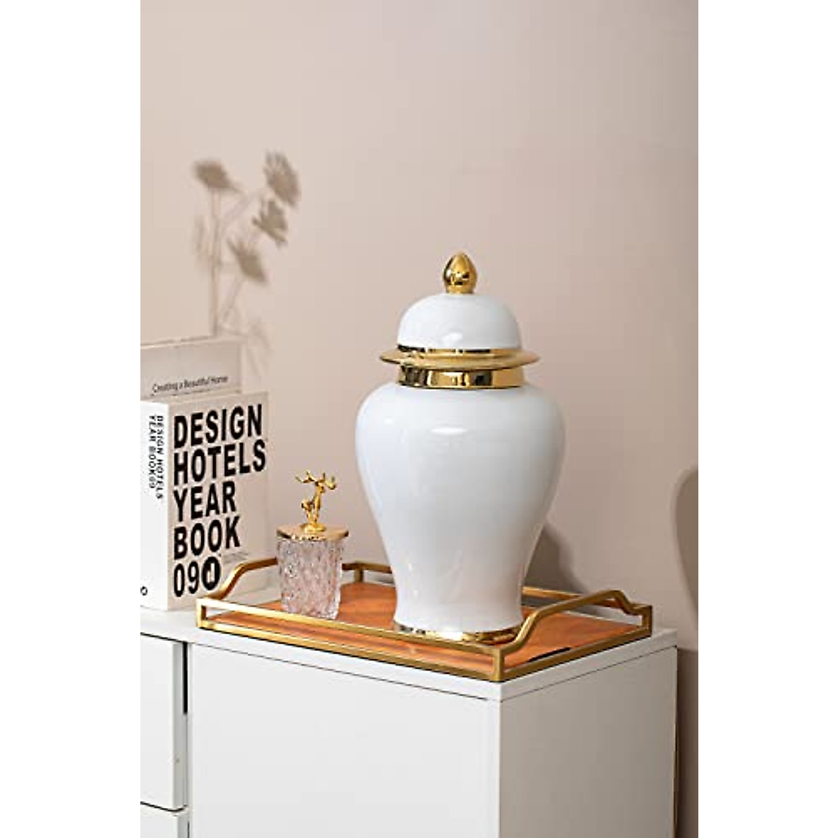 GaLouRo White Ginger Jar with Gold Trim, Ginger Jar Vase Decor for Centerpiece Table Decorations,Living Room Decor, Shelf Decor,15inches