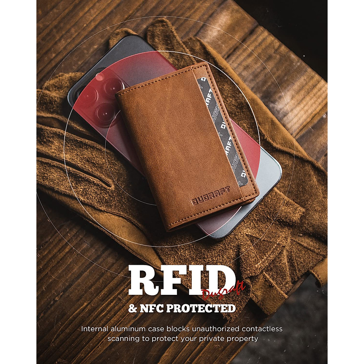 DUGRAFT Mens Bifold Card Holder with Aluminum POP UP Credit Card Ejector RFID Blocking, ID Window and 2 Extra Card Slots, Gift Box Packed, Brown