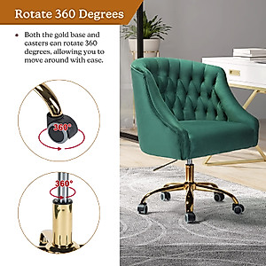 Velvet Home Office Chair with Gold Base, Comfortable Modern Cute Desk Chair, Adjustable Swivel Task Chair for Living Room Bedroom Vanity Study, Green