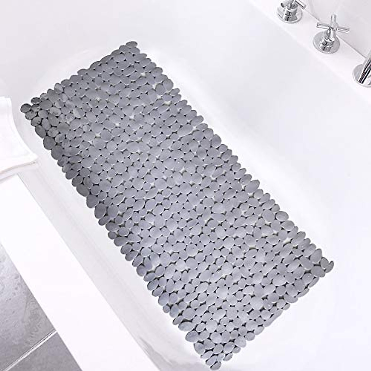 SONGZIMING Pebble Bath Mat 35x16 Inches for Bathtub to Non Slip in Shower with Drain Holes, Suction Cups (Grey)