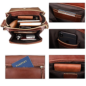 Augus Leather Messenger Shoulder Crossbody Bag for Men Work Business Vintage Magnetic Buckle Big Capacity Adjustable straps (Brown red)