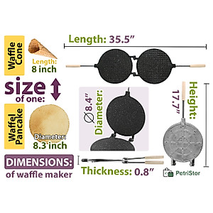 PetriStor Waffle Maker Round Has Nonstick Coating Size 8 in - Waffle Cone Maker - Krumkake Iron - Wafer Maker - Waffle Cone Maker Machine - Stroopwafel Maker - Ice Cream Cone Maker