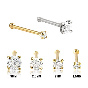 Solid 14Kt Gold Moissanite Stud Nose Ring - 22G Nose Bone Stud - Ball End Nose Ring - April Birthstone Nose Stud-NBWG-MNT3