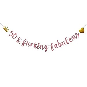 50 & Fucking Fabulous Banner, Pre-Strung, No Assembly Required, Funny Rose Gold Paper Glitter Party Decorations for 50th Birthday Party Supplies, Letters Rose Gold,ABCpartyland