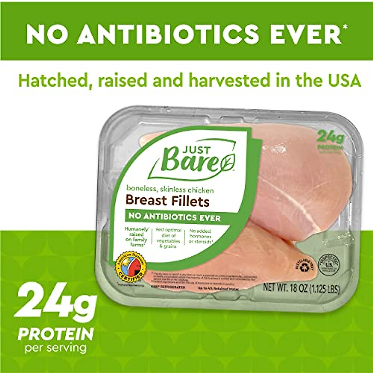 Just Bare® Natural Fresh Chicken Breast Fillets | No Antibiotics Ever | Boneless | Skinless | 1.125 LB