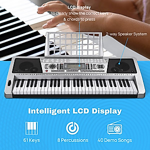 AW 61 Key Electric Keyboard Organ LCD Screen MIDI Silver Sheet Music Stand Digital Demo Songs Midi Output 125 Rhythms 345 timbress Personal Electronic Piano