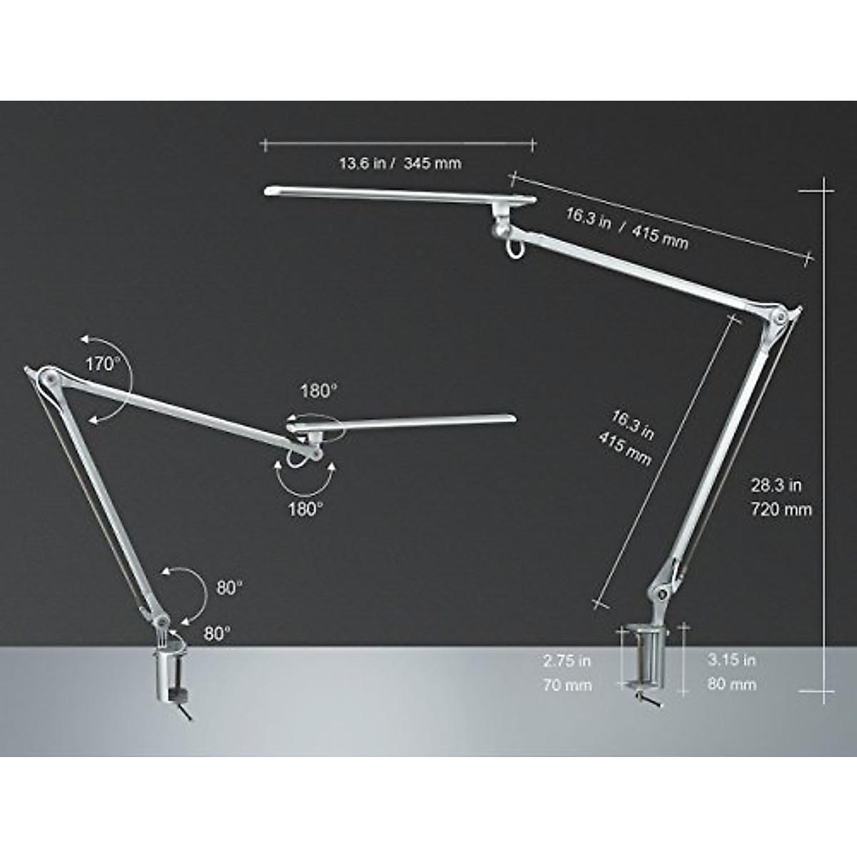 PHIVE CL-1 LED Architect Desk Lamp/Clamp on Desk Lamp,Metal Swing Arm Dimmable Drafting Table Lamp (Touch Control,Eye-Caring,Memory Function,Highly Adjustable Office/Task//Workbench/Work Light) Silver