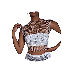 Yokawe Mesh Crystal Body Chain Black Sparkle Rhinestone Fishnet Tank Tops See Through Bikini Crop Top Nightclub Party Rave Festival Body Accessories Jewelry for Women and Girls