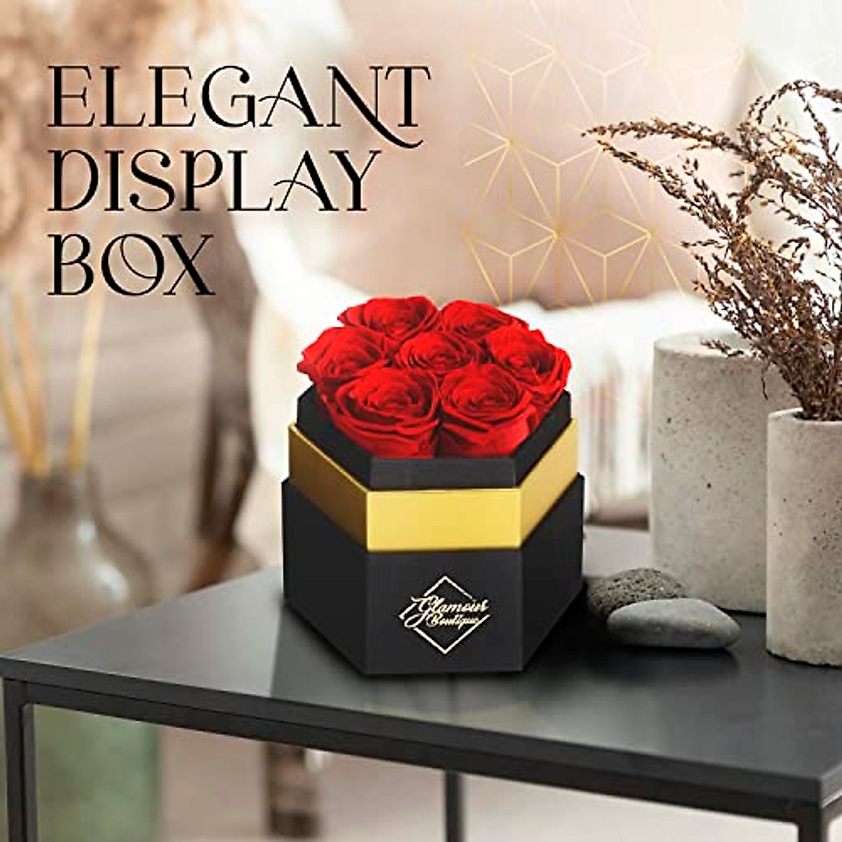 GLAMOUR BOUTIQUE 7-Piece Forever Red Rose Box - Preserved Roses in a Box, Immortal Roses in a Box That Last A Year - Eternal Rose Preserved Flowers for Delivery Prime Mothers Day & Valentines Day