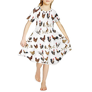 Biyejit Rooster Chicken Print Girl's Short Sleeve Dress 3D Printed Casual Swing Twirl Skirt for Holiday Theme Party 3-14Y