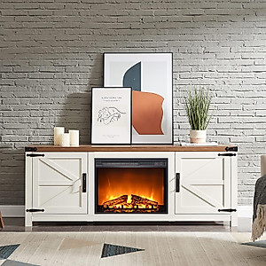T4TREAM Fireplace TV Stand for 75 Inch TV, Farmhouse Barn Door Media Console, Entertainment Center with 23" Electric Fireplace Remote Control,for Living Room, 66 Inch, Antique White
