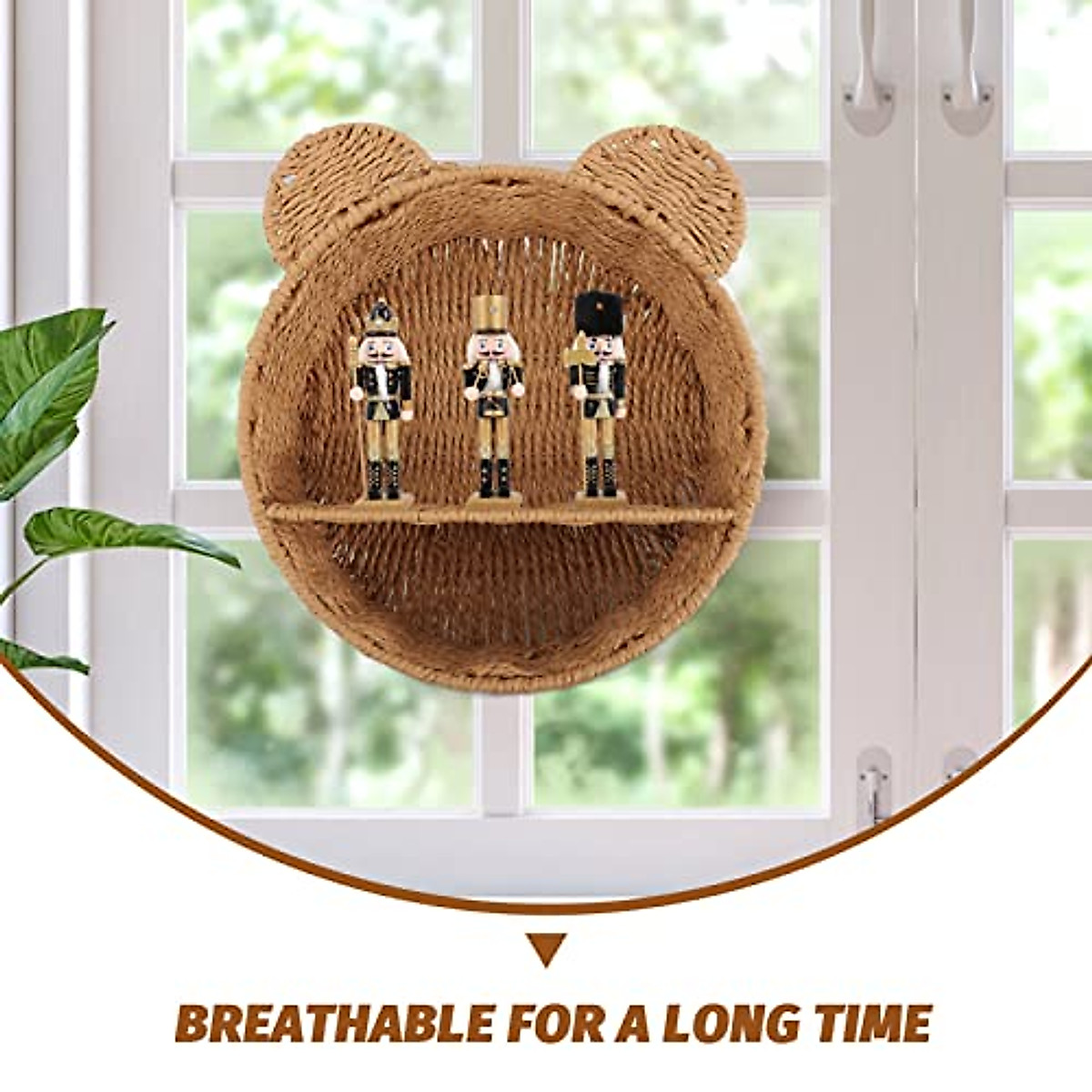 Beavorty Floating Shelves Rattan Woven Wall Shelf Hanging Storage Basket Cute Cat Shape Wall Mounted Shelves Decorative Storage Rack for Photo Frames Small Plants Home Decor