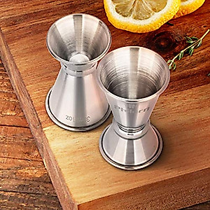 PHILORN 2 Set Double Jigger 0.5 & 1 oz 304 Stainless Steel with Recipe 15ml & 30ml Measuring Cup Measure Liquor Quickly Accurately Cocktail Jigger Round Edge and Thin Waist for Comfort Holding