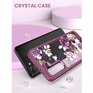 Dretal for Samsung Galaxy S21 5G Case Floral, Military Grade Drop Tested Hard Back & Soft Edge Slim Flower Women Girls Phone Protective Cover + Tempered Glass Screen Protector for Galaxy S21(Purple)