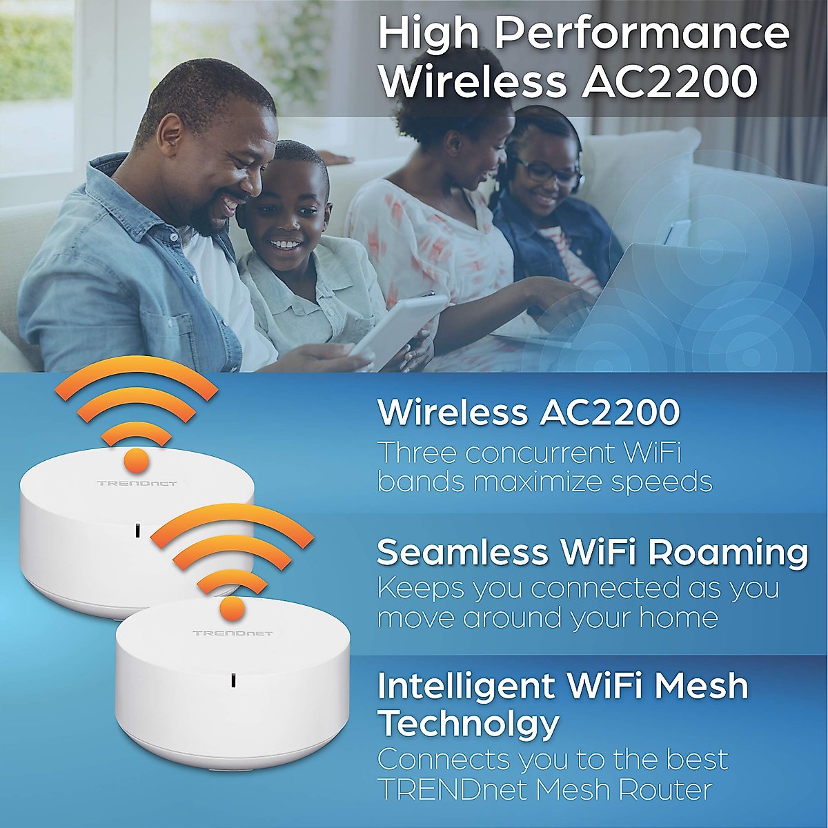 TRENDnet AC2200 WiFi Mesh Router,TEW-830MDR,1xAC2200 WiFi Mesh Router,App-Based Setup,Expanded Wireless Internet(Up to 2,000 Sq Ft.Home),Supports 2.4GHz/5GHz,White