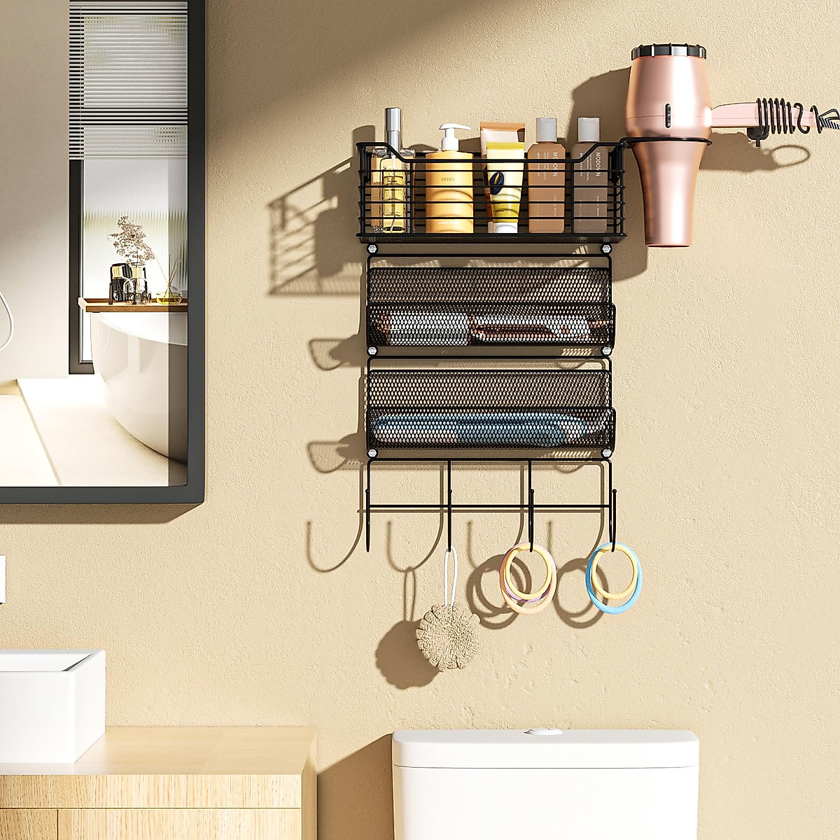 VITVITI Metal Hair Tool Organizer Wall Mount, Hair Dryer Holder with 3 Tier Shelf Basket Hooks, Bathroom Hair Styling Tool Organizer for Curling Iron/Blow Dryer/Straightener, Matte Black