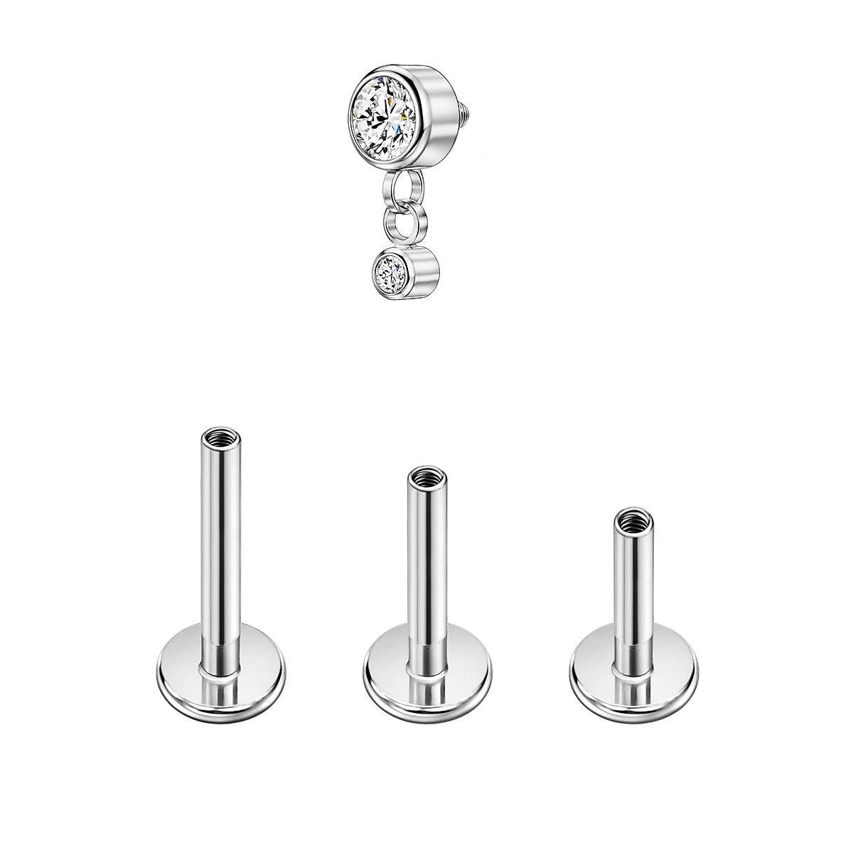 FANSING Clear CZ Dangle Earrings Stud Surgical Steel Silver Cartilage Conch Piercing Jewelry Helix Tragus Earrings Clear CZ End with 16g 6mm 8mm 10mm Internally Threaded Posts