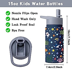 ARCQUESE 15oz Ocean Shark Kids Insulated Stainless Steel Water Bottle With Straw & Brush,Christmas Birthday Gifts for School Kids Shark, Sea Life - Hand Wash Only