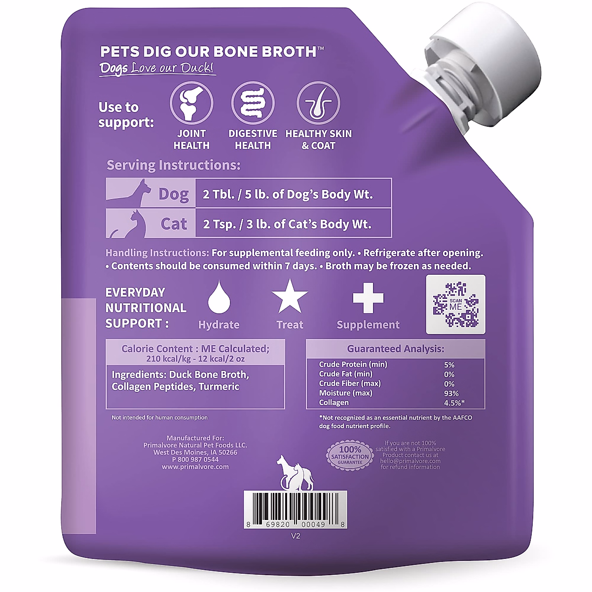 Primalvore All-Natural Duck Bone Broth for Dogs &Cats, Mobility Formula w/Collagen Peptides for Hip & Joints, Digestion, Skin & Coat and Hydration. Grain Free, Human Grade, Made in USA. Duck 6 Pack