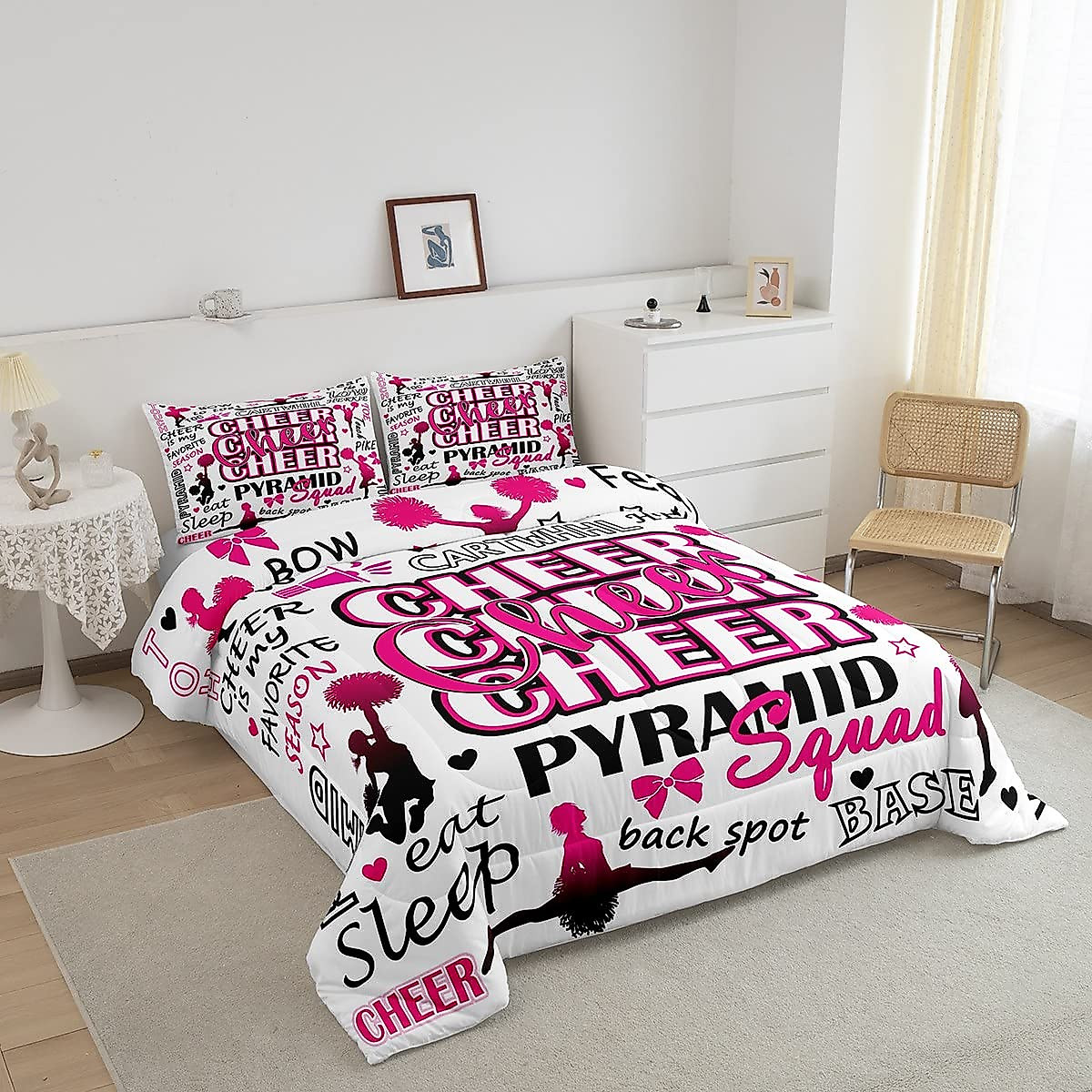 Gymnastics Lovers Girls Comforter Set Full Size,Cheerleader Silhouette Bedding Set for Kids Teens Woman,Plaid Patchwork Quilt Set Cheerleader Gift,Cheerleading Quotes Duvet Insert with 2 Pillowcases