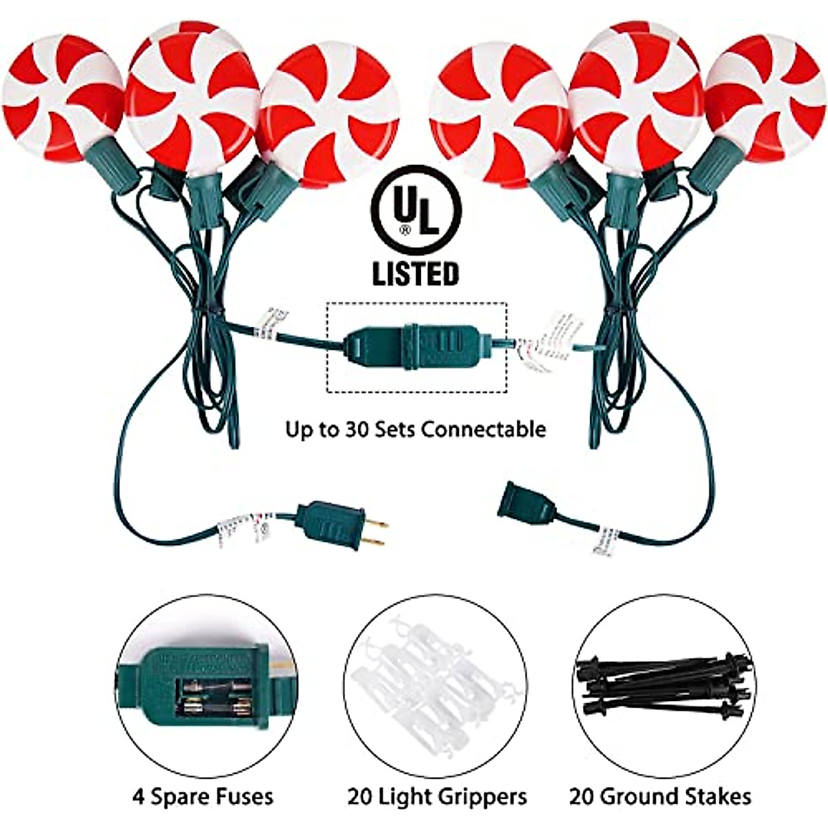 Christmas Lollipop Pathway Lights Outdoor, 7.2ft Plug in Peppermint Walkway String Lights for Christmas Decoration, Garden, Yard, Hangable, Waterproof, Connectable, Warm White (2 PC)