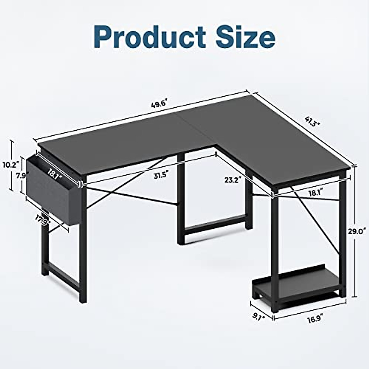 Computer Desk - 49 Inch L Shaped Desk Office Desk with Reversible Storage Shelf and Cloth Bag Home Office Corner Desk Modern Style Laptop Desk for Home, Office, Gaming Location