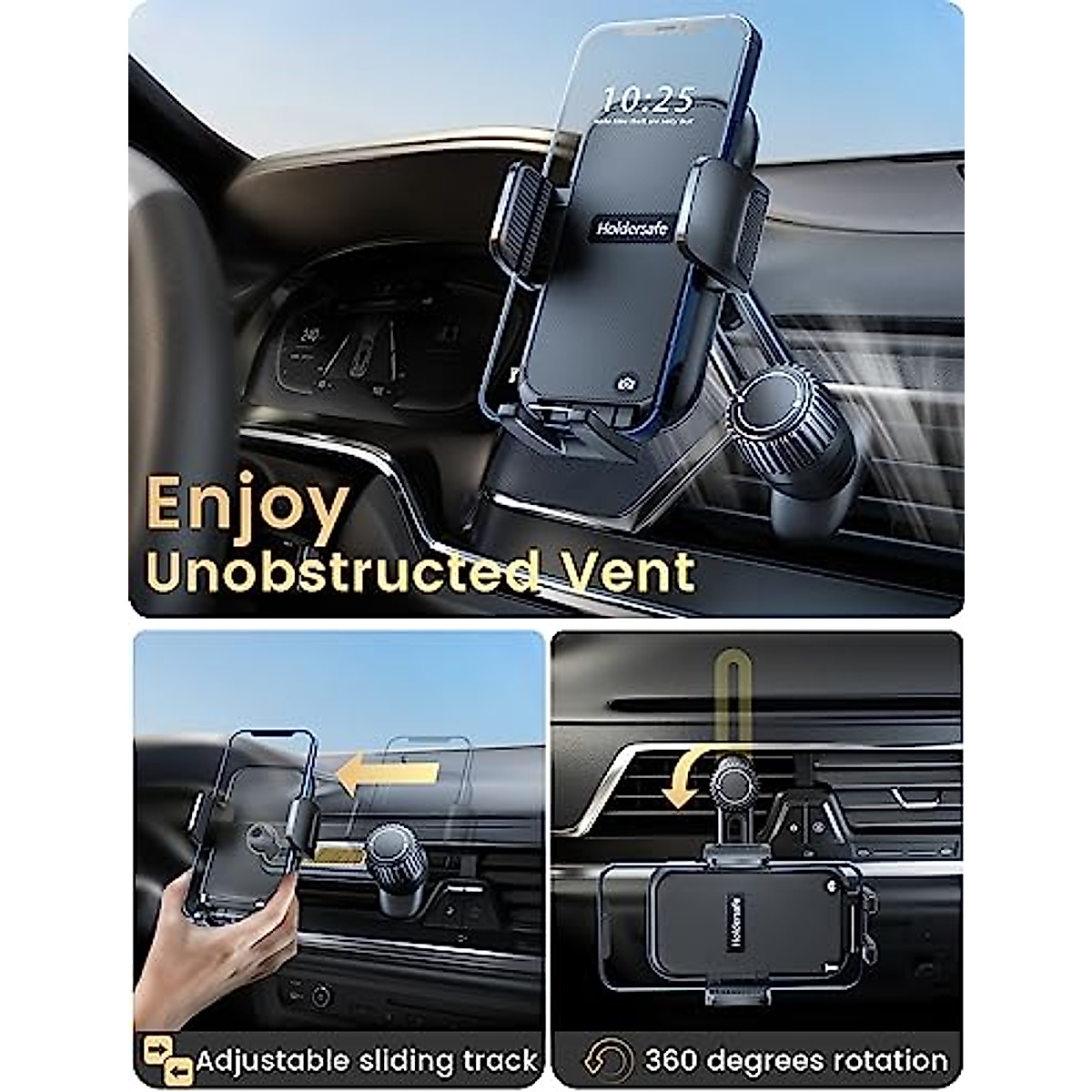 Holdersafe Phone Mount for Car Vent: [Never Blocking] Air Vent Cell Phones Holder for iPhone & Samsung Android Smartphone [Thick Cases Friendly] Hands-Free Auto Mobile Phone Stand