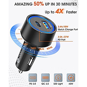 Car Charger, ZeeHoo USB C Car Charger Adapter QC 3.0&PD Dual Port 45W Fast Charging for Apple iPhone 14 13 12 11 Pro Max Mini, Samsung Galaxy S23 Ultra/S22/Z Fold4 Flip 4/S21/Note20/Pixel/LG