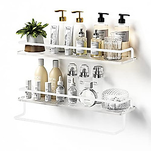 Acliys Floating Shelves Arcylic Bathroom Shelves with Towel Bar Wall Mounted Storage Shelves for Bathroom/Living Room/Kitchen/Bedroom Set of 2（White）