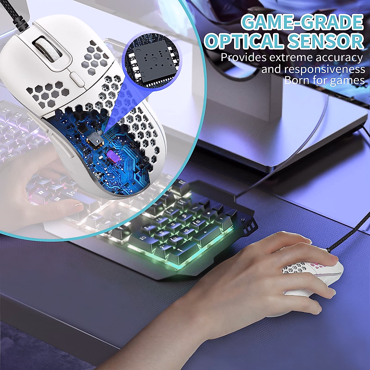LETGOALL Lightweight Honeycomb Gaming Mouse, High Precision 7200DPI Optical Sensor, RGB Backlight, Wired, Ergonomic USB Computer Mouse for PC, Mac, Laptop (White)