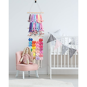 Headband and Hair Bows Holder Macrame Bow Organizer for Girls Hair Bows, Hair Bow Organizer Baby Headband Holder Hair Clip Organizer with 60 Plastic Hooks for Door Boho Wall Room, 13 x 50 Inch (White)