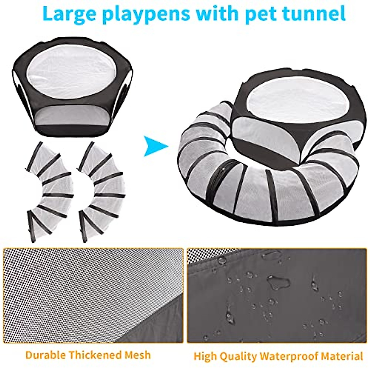 Small Animal Playpen with Toy Tunnel, Waterproof Pet Playpen Guinea Pig Cage Rabbit Cage Breathable Tent Yard Fence with Top Cover Cat Outdoor Enclosure Bunny Cage Indoor for Hamster, Ferret, Hedgehog