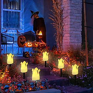 Threan 10 Pcs Halloween Pathway Light Decorations Solar Stake Lights LED White Light Decorative Solar Operated Stake String Lights IP44 Waterproof Outdoor for Yard Garden(Classic Ghost)