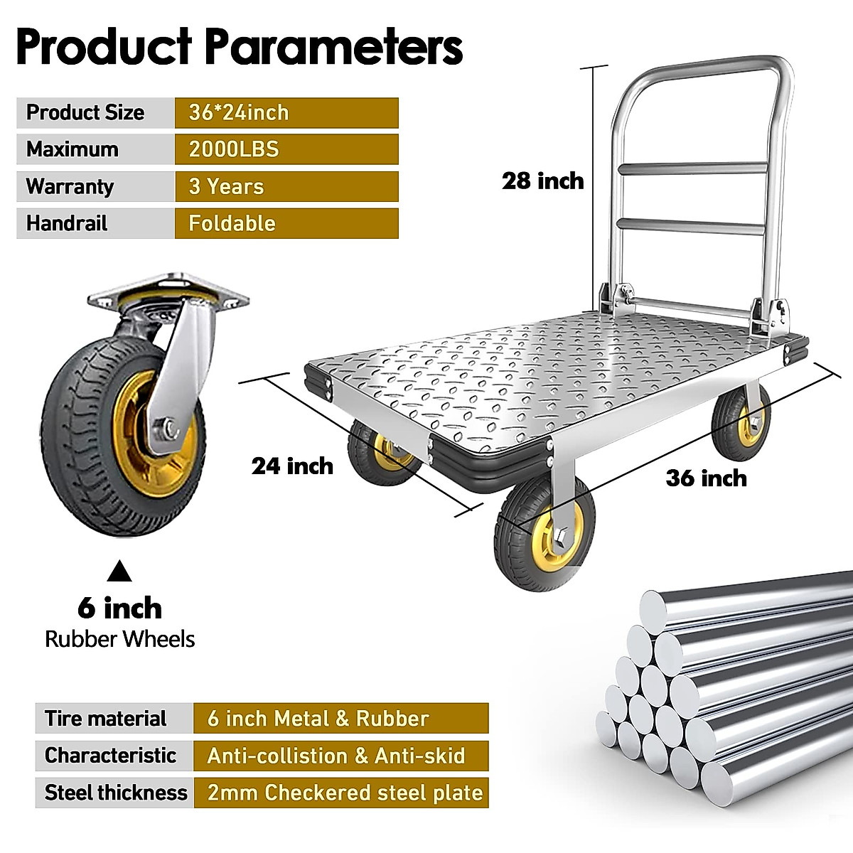 Platform Trucks, Dolly Cart Heavy Duty 2000 LBS Capacity, Steel Foldable Push Cart Dolly Large Flatbed Cart w/360 Degree 6" Swivel Wheels 36"x24" Platform Truck Hand Cart for Groceries, Warehouse