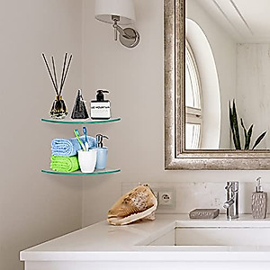 Sanbege 2 Pcs Tempered Glass Corner Shelf with 8 Brackets, 9.5" x 9.5" Floating Shower Caddy, Wall Mounted Shampoo Holder Organizer for Bathroom, Kitchen, Living Room