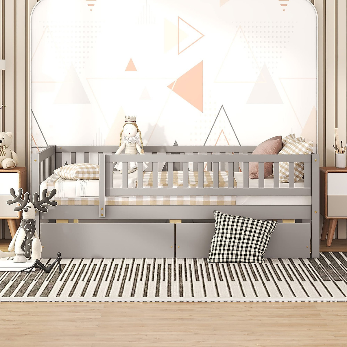 Polibi Full Size Daybed,Wood Full Day Bed Frames with Two Drawers and Safety Guardrails for Bedroom Living Room Kids Adults, Gray