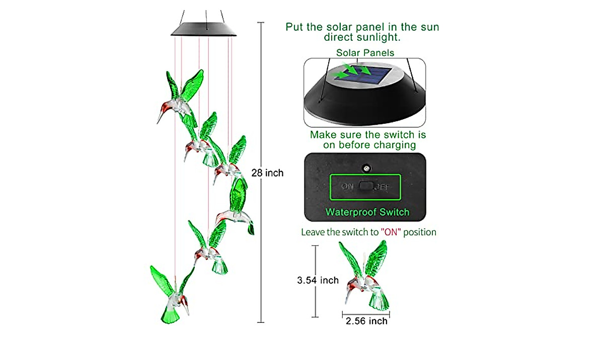 WeeksEight Solar Hummingbird Wind Chimes - Color Changing Lights