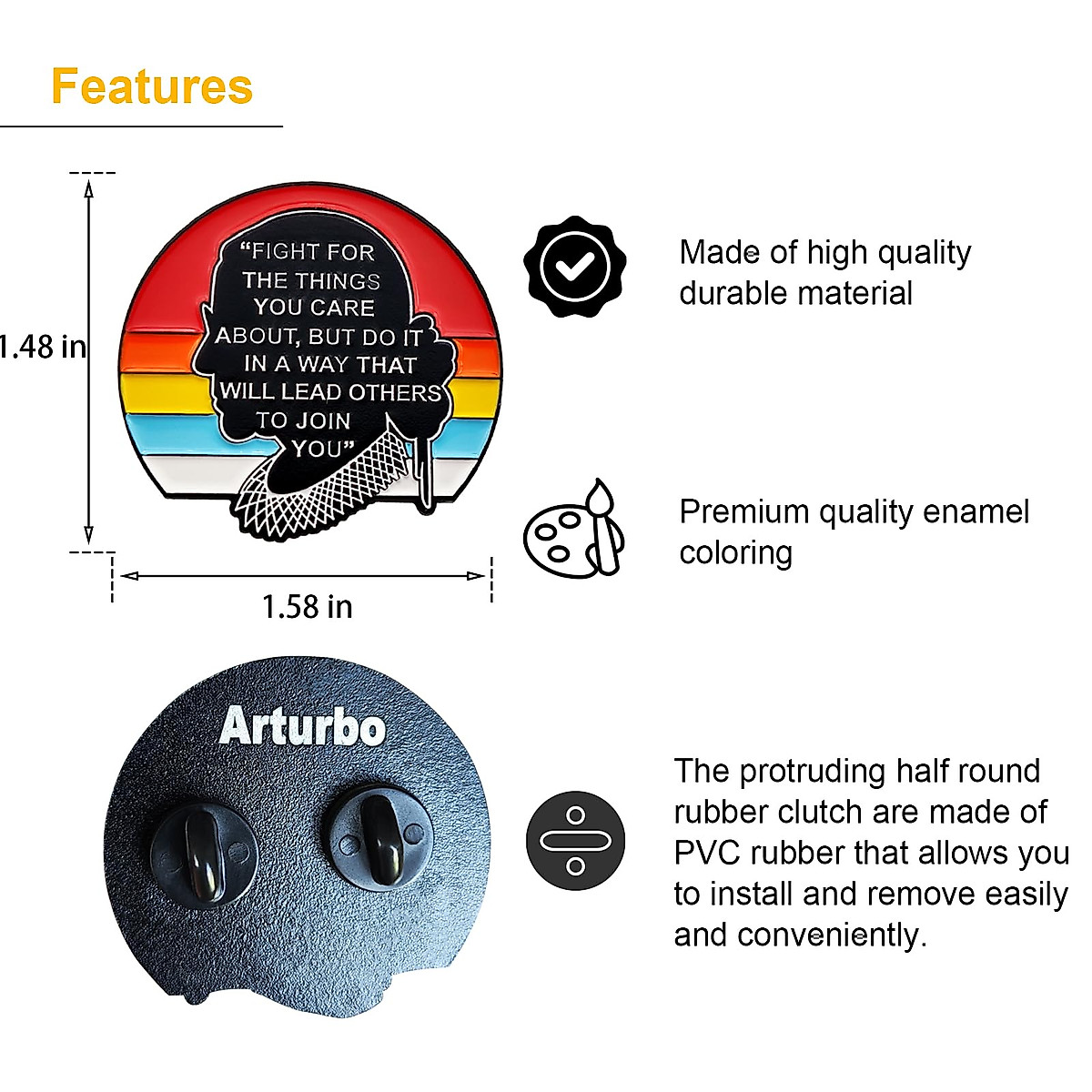 Arturbo for RBG Pin Notorious Dissent for Ruth Ginsburg Justice Women Power Feminist Enamel Lapel Pin Badges For Hats Jackets Bags Backpacks Gifts Decoration