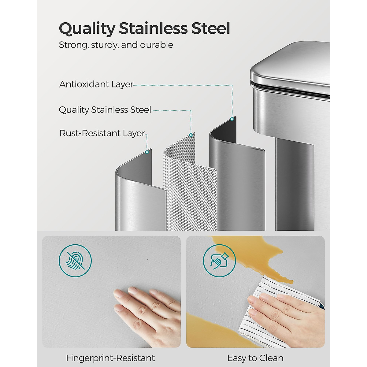 SONGMICS Kitchen Trash Can, 10.5 Gallon (40 L) Garbage Can, Large Step Trash Bin with Lid, Stainless Steel, Soft Close, 15 Trash Bags Included, Silver ULTB540E40