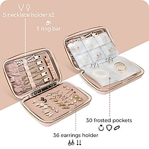 ProCase Large Travel Jewelry Organizer Case, Jewellery Home Storage Book Ring Binder with Clear Pockets for Presentation, Zippered Pouch Bag for Earrings Necklaces Bracelets -Pink