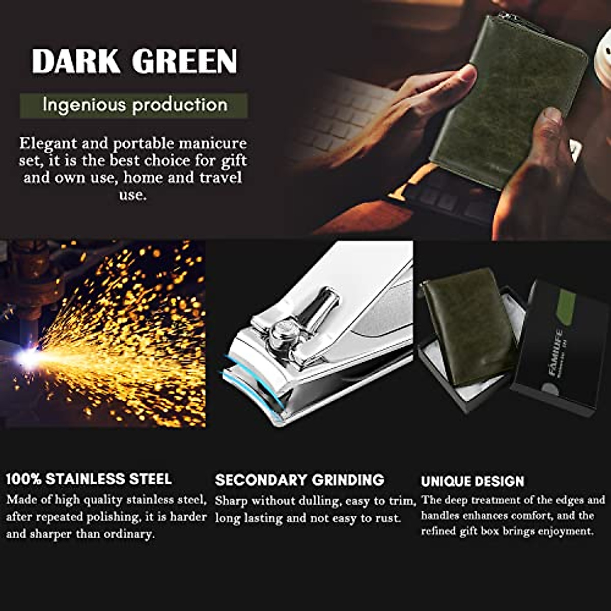 FAMILIFE Manicure Set, Nail Kit 11 in 1 Gifts for Men him Pedicure Kit Stainless Steel Mens Manicure Kit Professional Leather Pedicure Tools Mens Grooming Kit with Dark Green Travel Case Nail Clippers