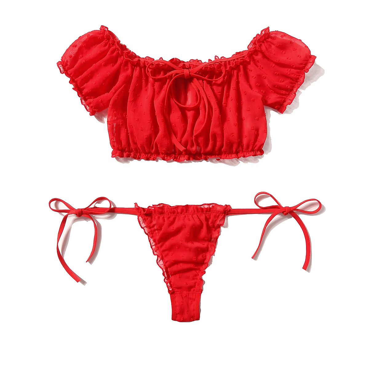 Avidlove Womens Lingerie Self Tie Ruffle Trim Dobby Teddy Mesh Lingerie Set Sexy Bra and Panty Set Red S