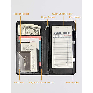 Mymazn Holographic Glitter Server Book with Zipper Pocket 5x9 Waitress Book with Magnetic Closure Pocket Serving Book for Waitress Wallet