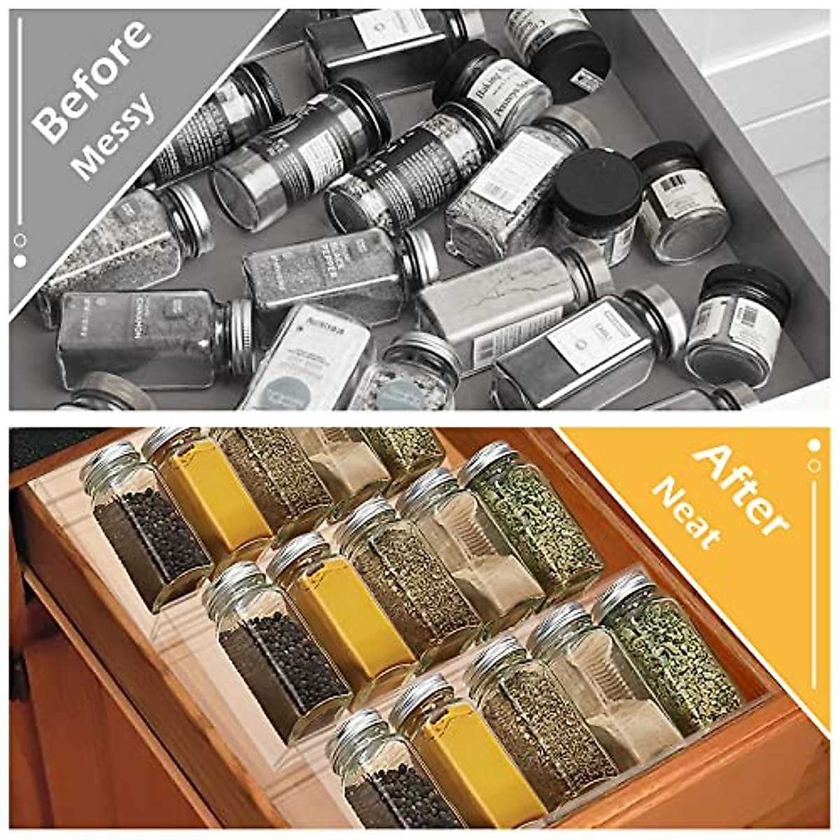 MOVNO Expandable Spice Drawer Organizer, Adjustable and Durable Acrylic Spice Rack Drawer Organizer, Seasoning Spice Jar Organizer Drawer for Kitchen Cabinets Countertop