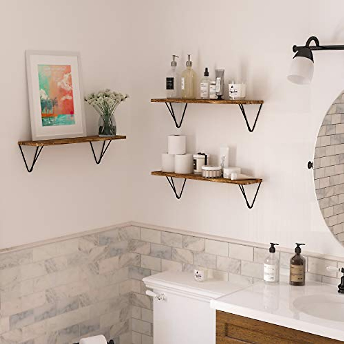 Wallniture Colmar Floating Shelves for Wall, 24 Inch Geometric Triangle Shelf Set of 3 for Living Room Décor Burned Storage Shelves with Black Shelf Brackets