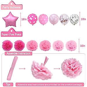 Pink Birthday Party Decorations, Light Pink and White Decorations with Happy Birthday Banner, Tissue Pom Pom Flowers, Pink Foil Fringe Curtain, Happy Birthday Party Supplies for Girls Women Kids