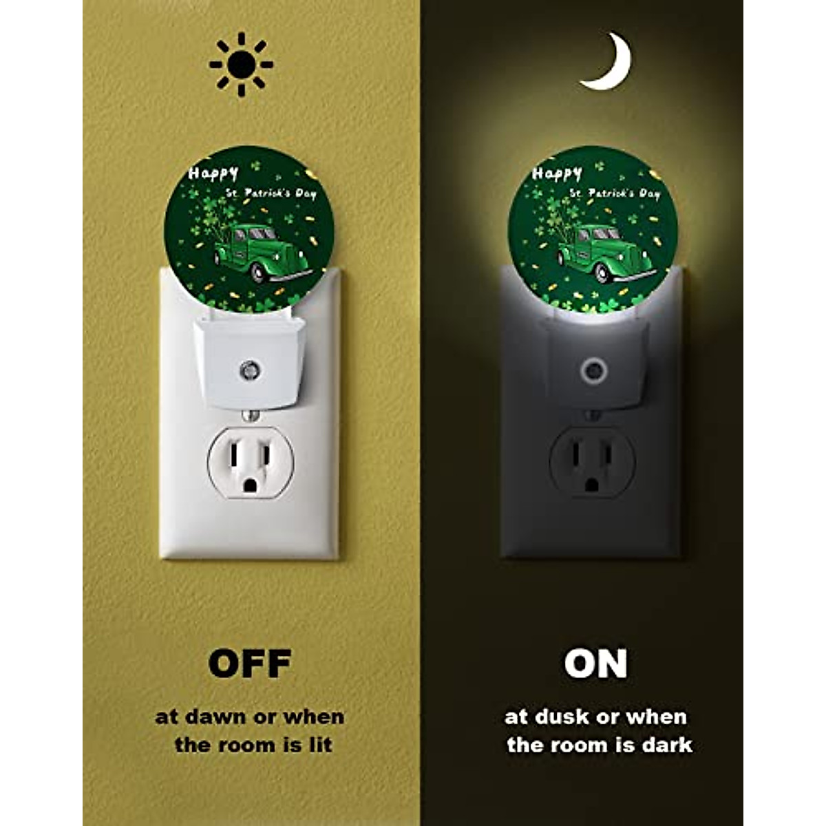 Happy St. Patrick's Day Night Lights Plug into Wall, Green Truck Clover Coins Auto Round LED Lights with Dusk to Dawn Sensor for Bedroom, Bathroom, Hallway, Kitchen, Kids, Home Decor